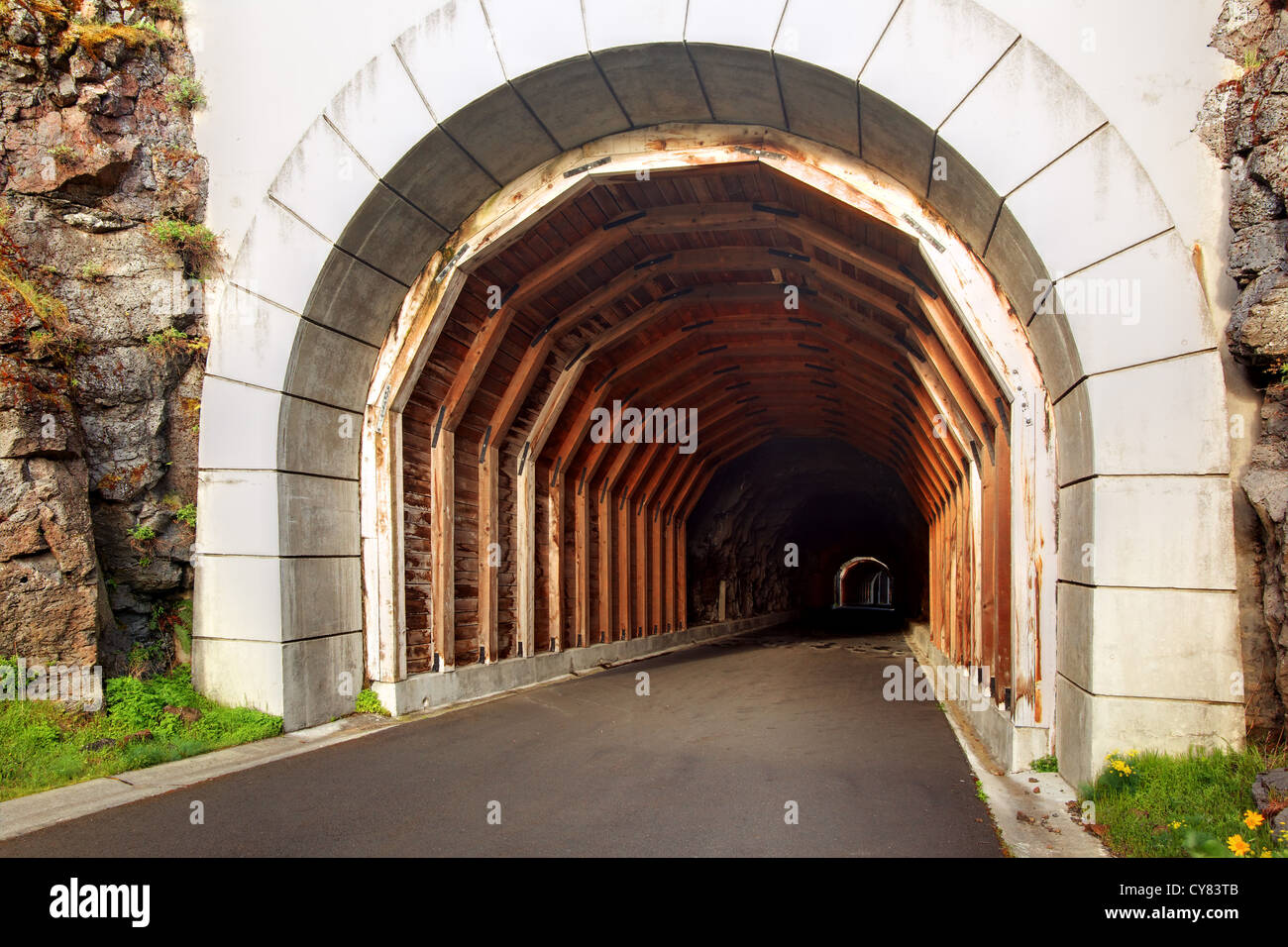 Trail running through east entrance of the Mosier Twin Tunnels, Mosier ...