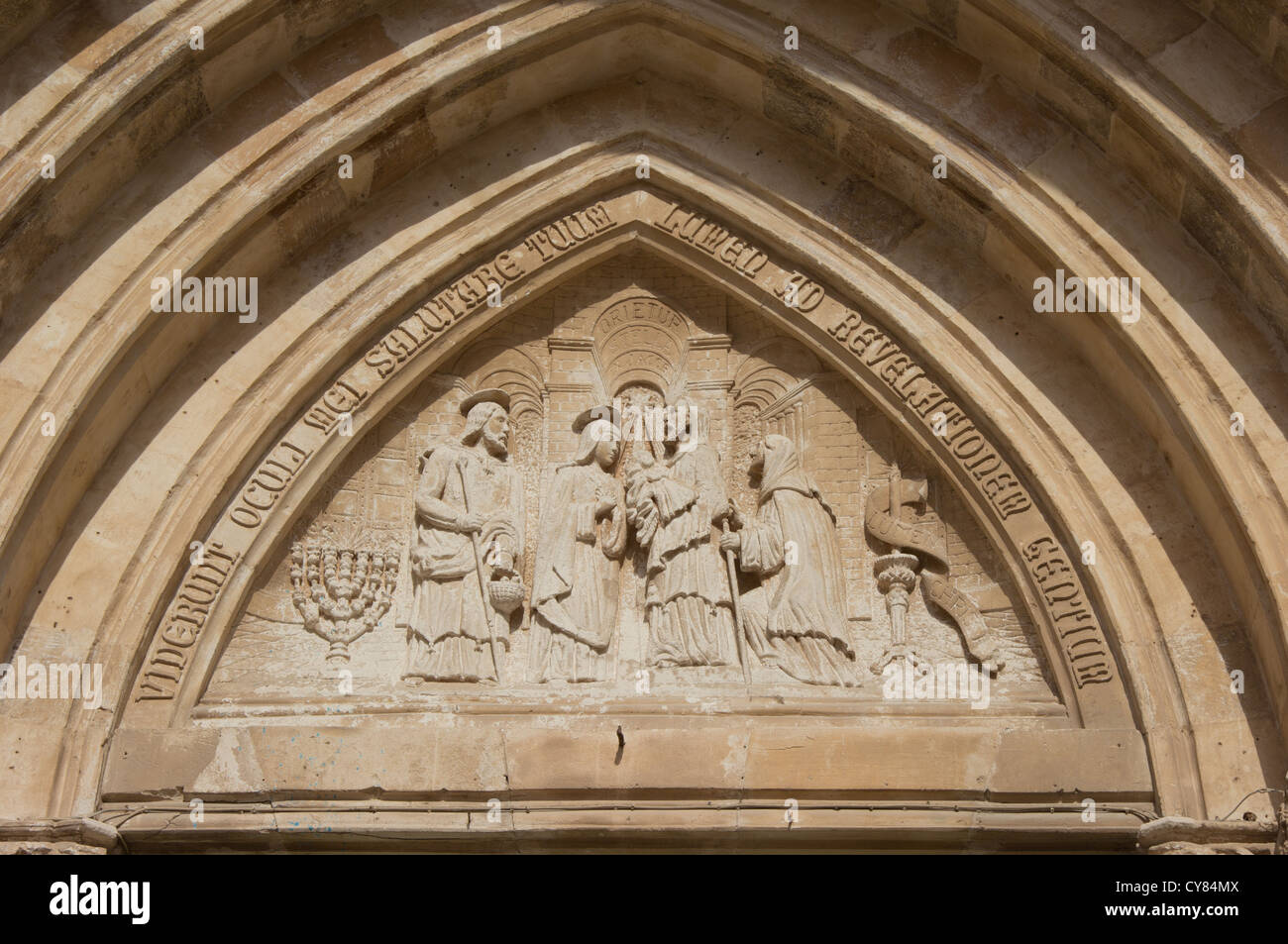 Ciutadella Cathedral Menorca tympanum relief sculpture Stock Photo - Alamy
