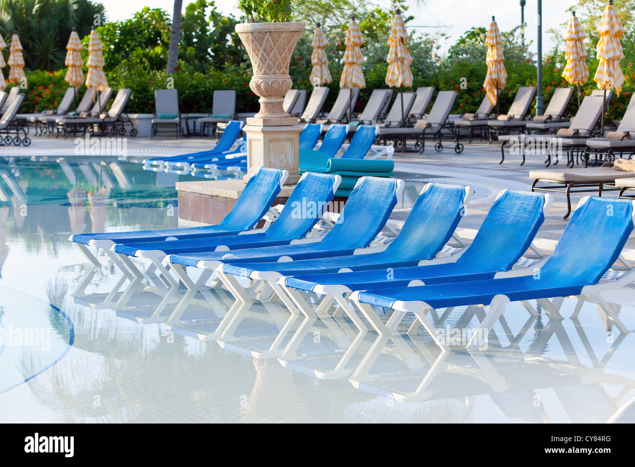 Empty beach chairs near pool Stock Photo - Alamy