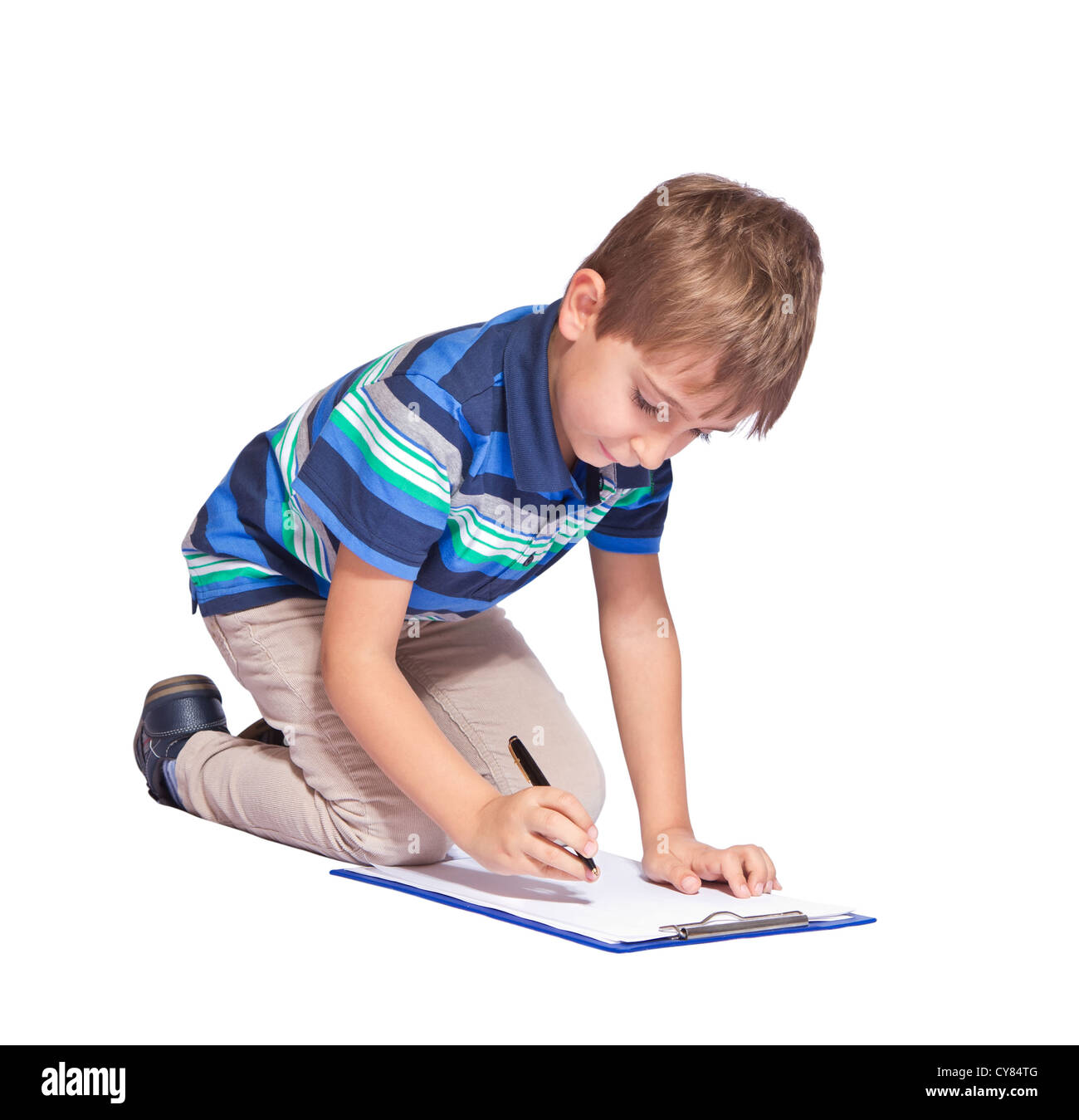 Boy writes in his diary. Isolated over white background Stock Photo - Alamy