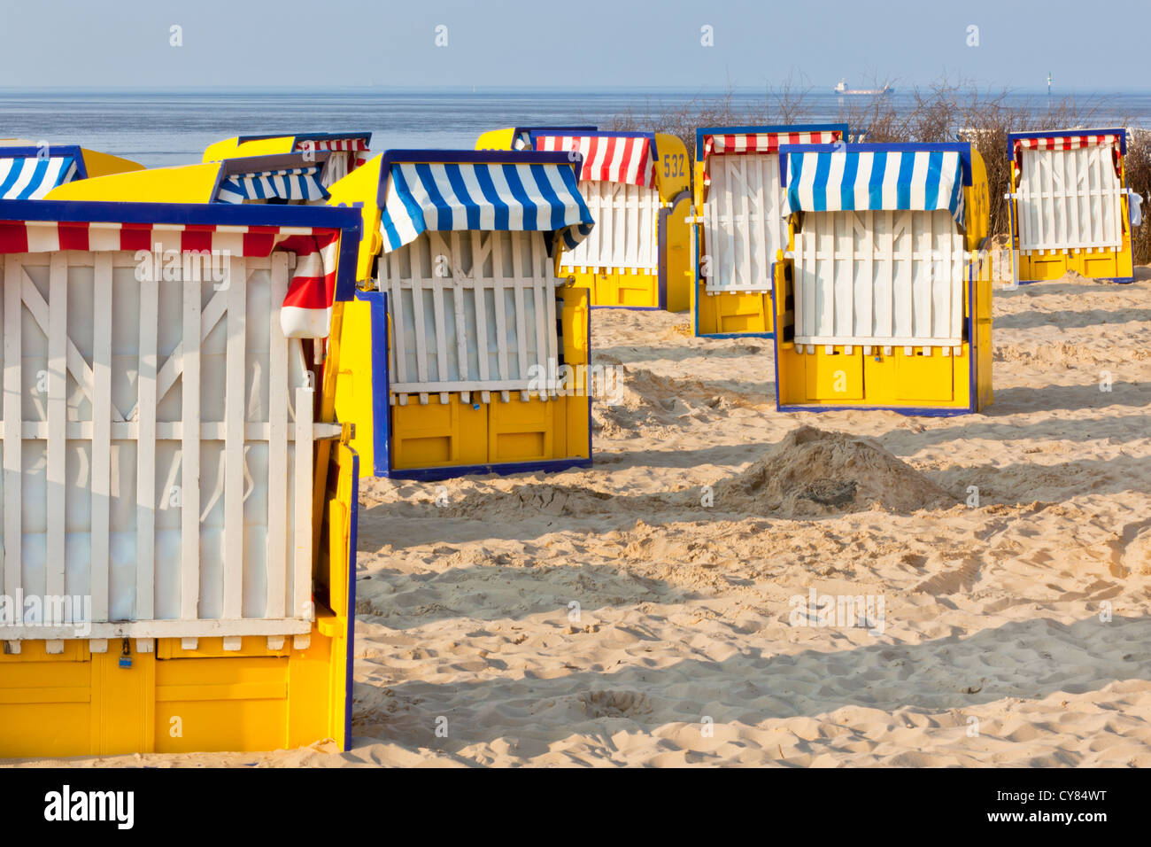 Beach wicker chairs strandkorb in Northern Germany. North sea Stock ...