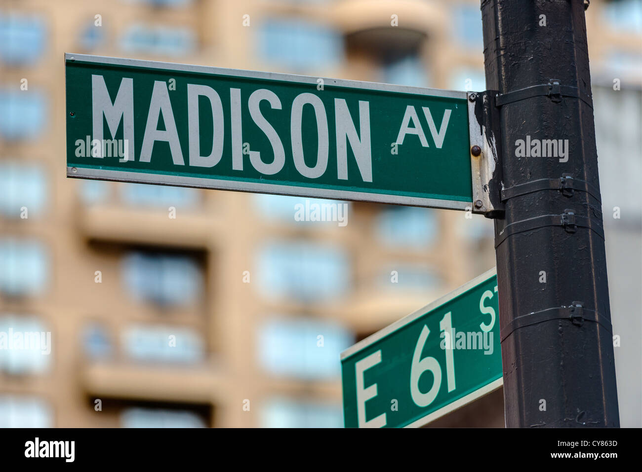 Madison Avenue street sign in New York City Manhattan district USA ...