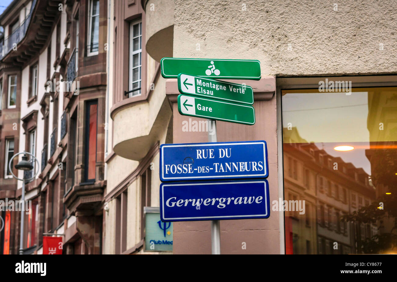 French green and blue signposts in Strasbourg Stock Photo - Alamy