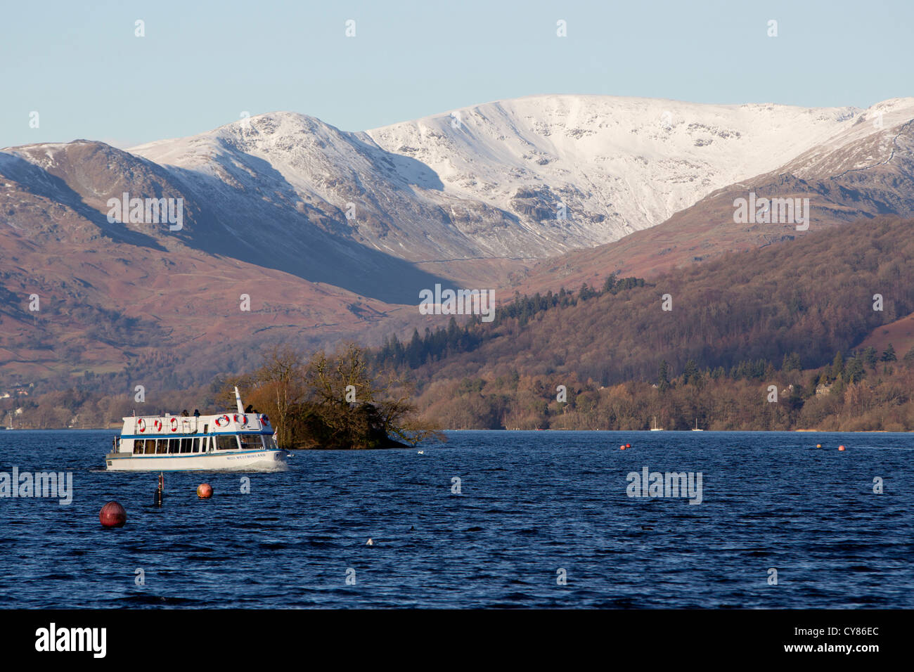 Lake Windermere in the cold winter with snow on the fells -hills -Lake ...