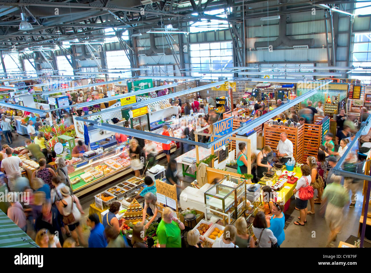 An overhead view of the bustling Halifax Seaport Farmers' Market in ...