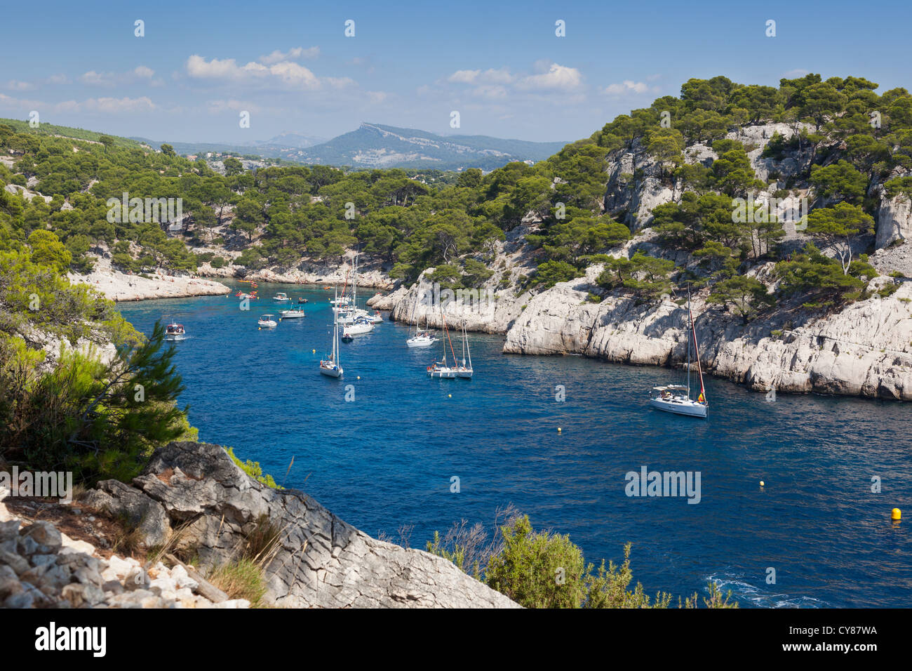 Moored boats in the Calanques of Port Pin in Cassis in France Stock ...