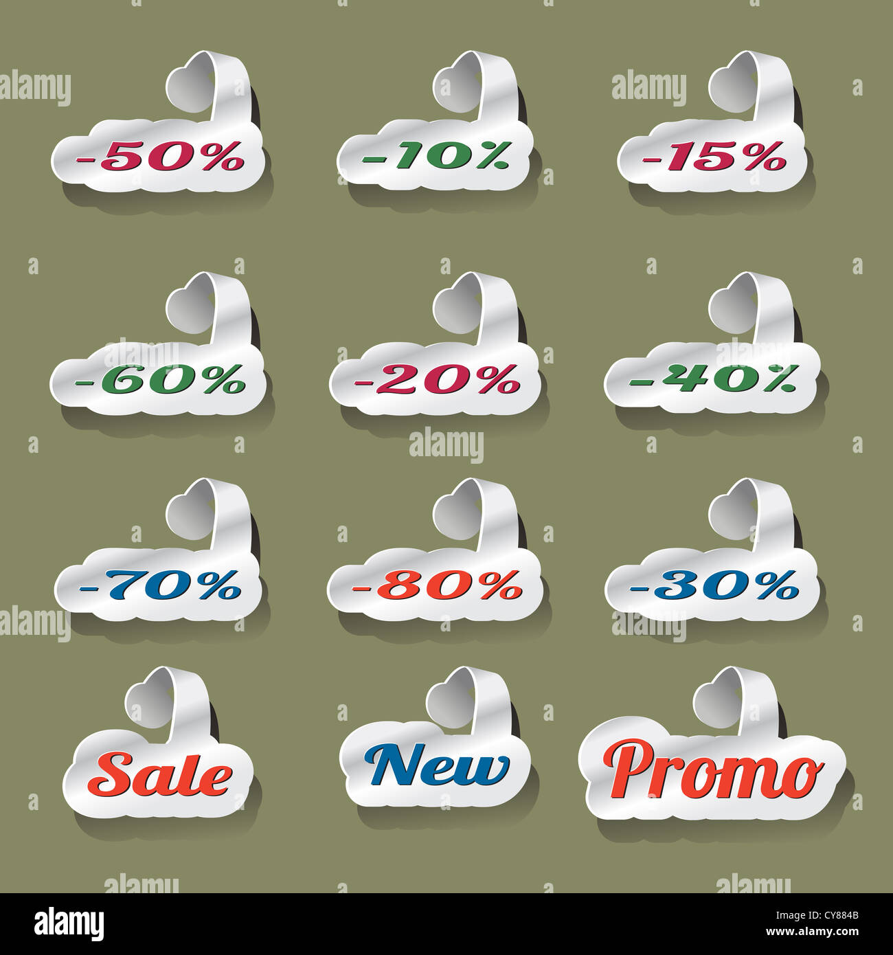set of paper cut and hanging discount button set Stock Photo - Alamy