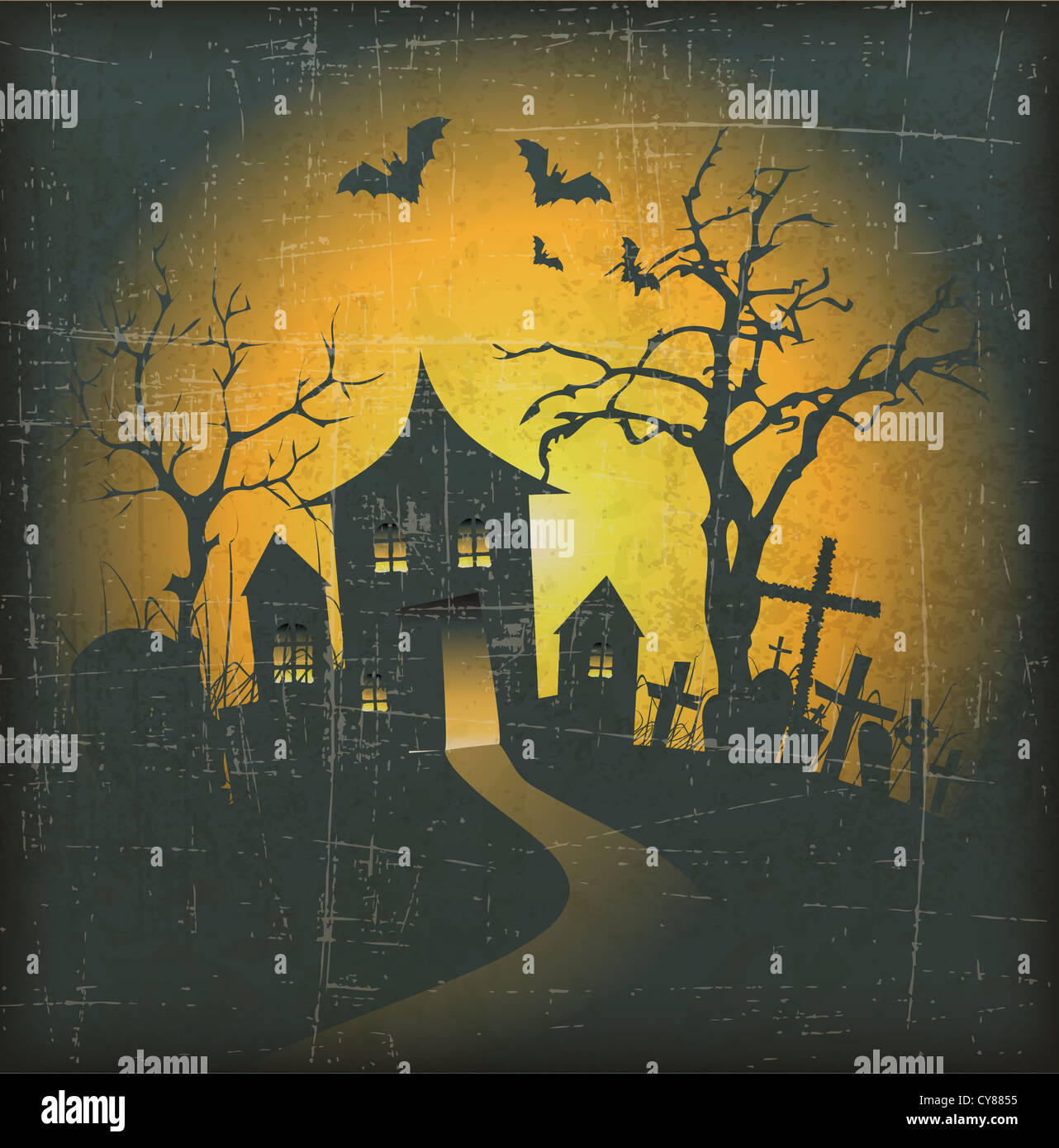 Halloween Background with haunted house and Grunge Effect Stock Photo ...
