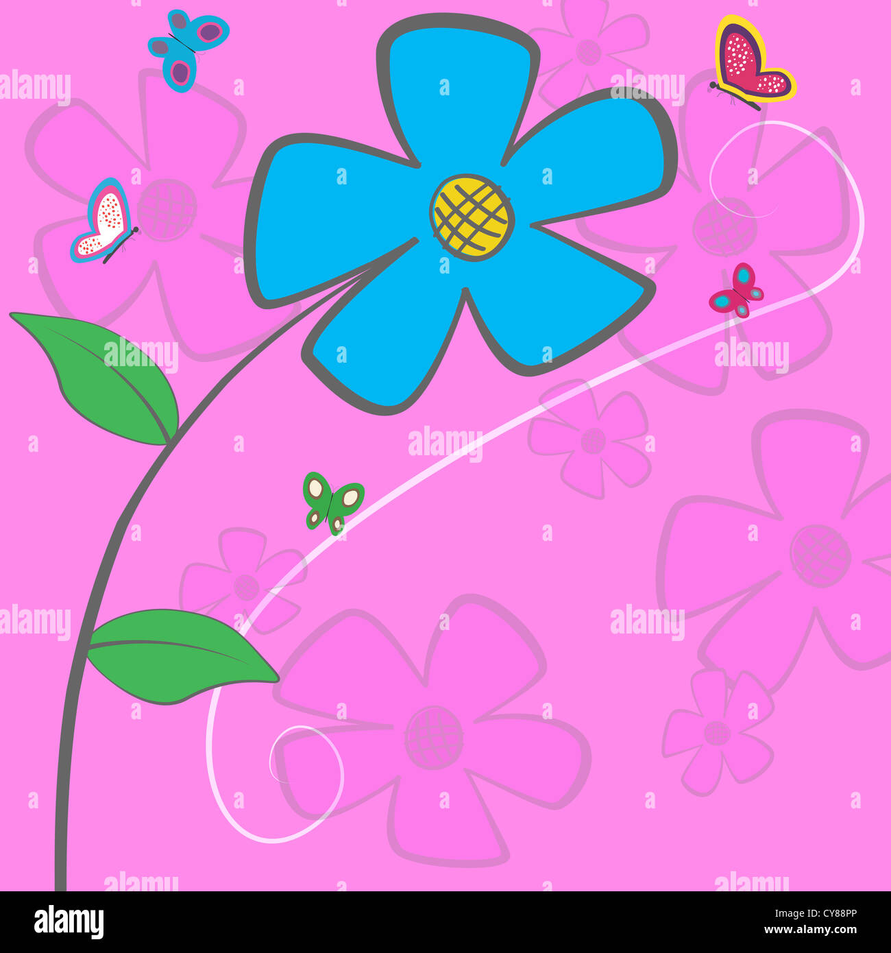 Cartoon floral card - blue daisy with butterfly and space for text or ...