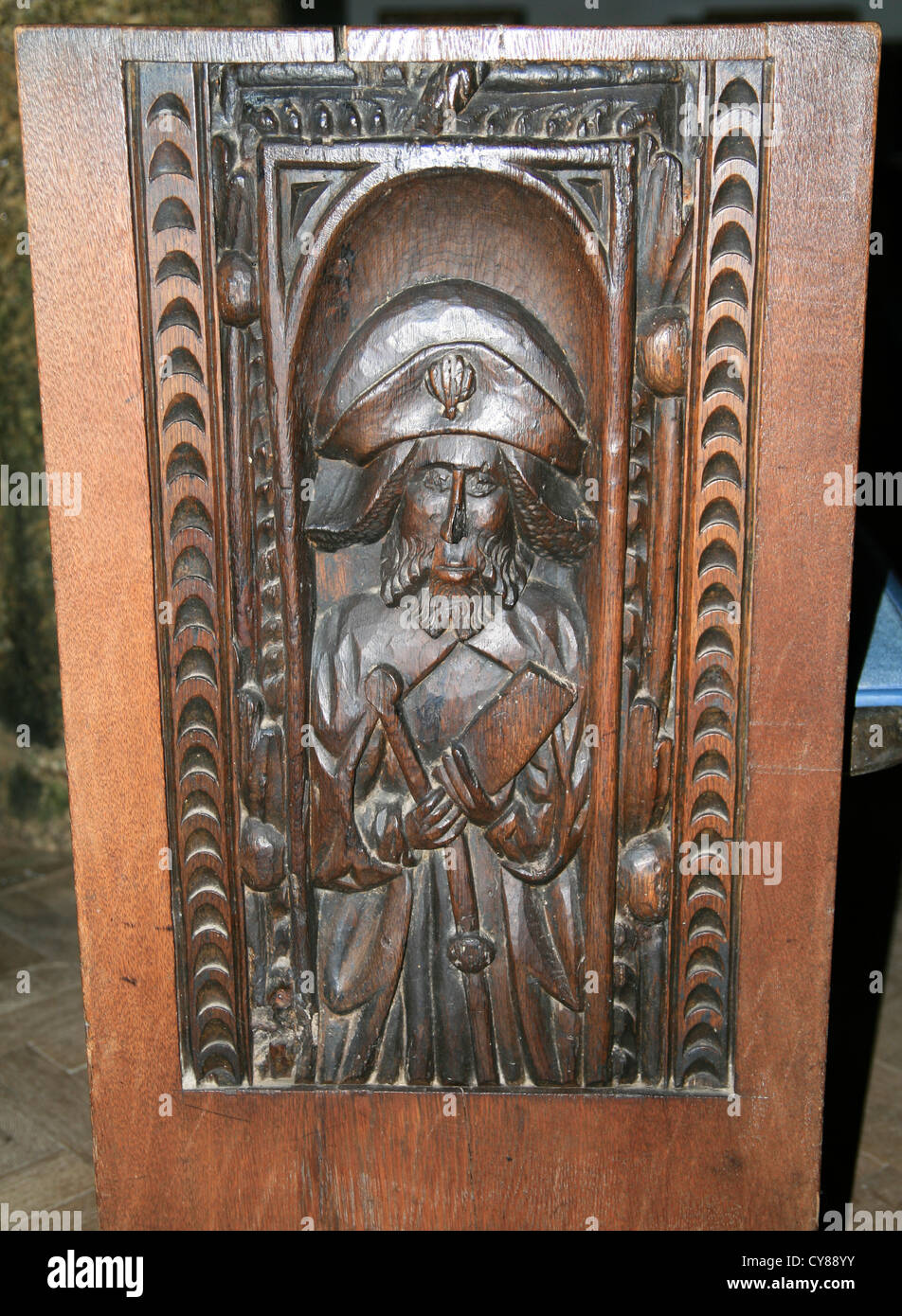 St Levan church carved benchend St Levan Cornwall England UK Stock ...