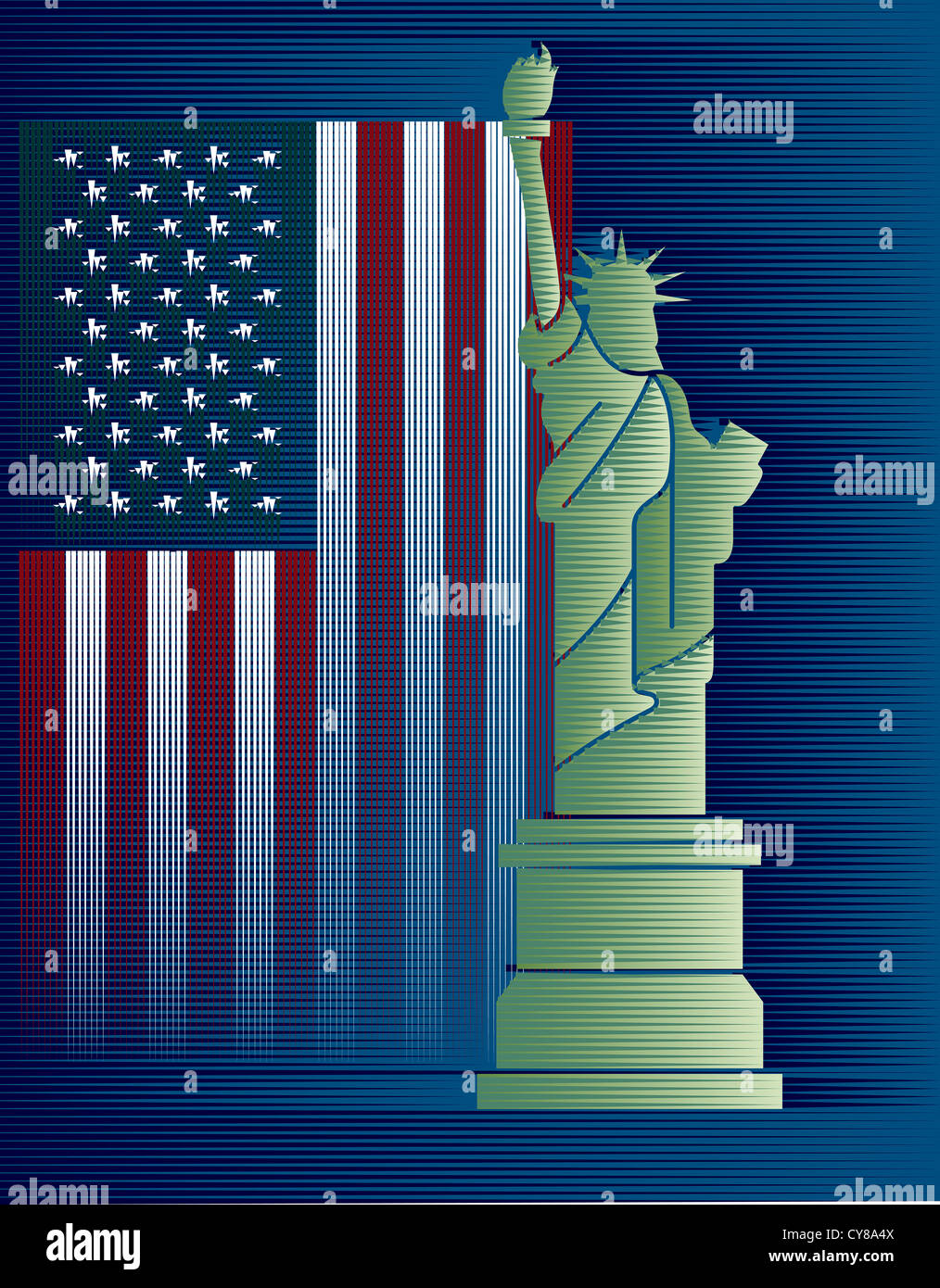 Flags USA and Statue of Liberty background drawing from Lines Stock ...