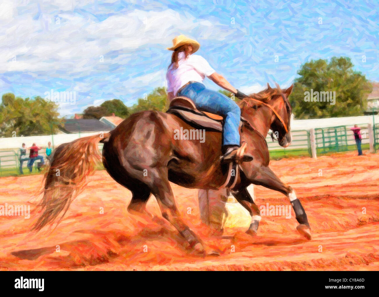 Woman rider in a western barrel racing competition Stock Photo - Alamy
