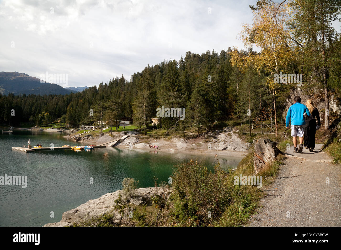 The glacial mountain lake of Caumasee (lake Cauma); Flims, Graubunden ...