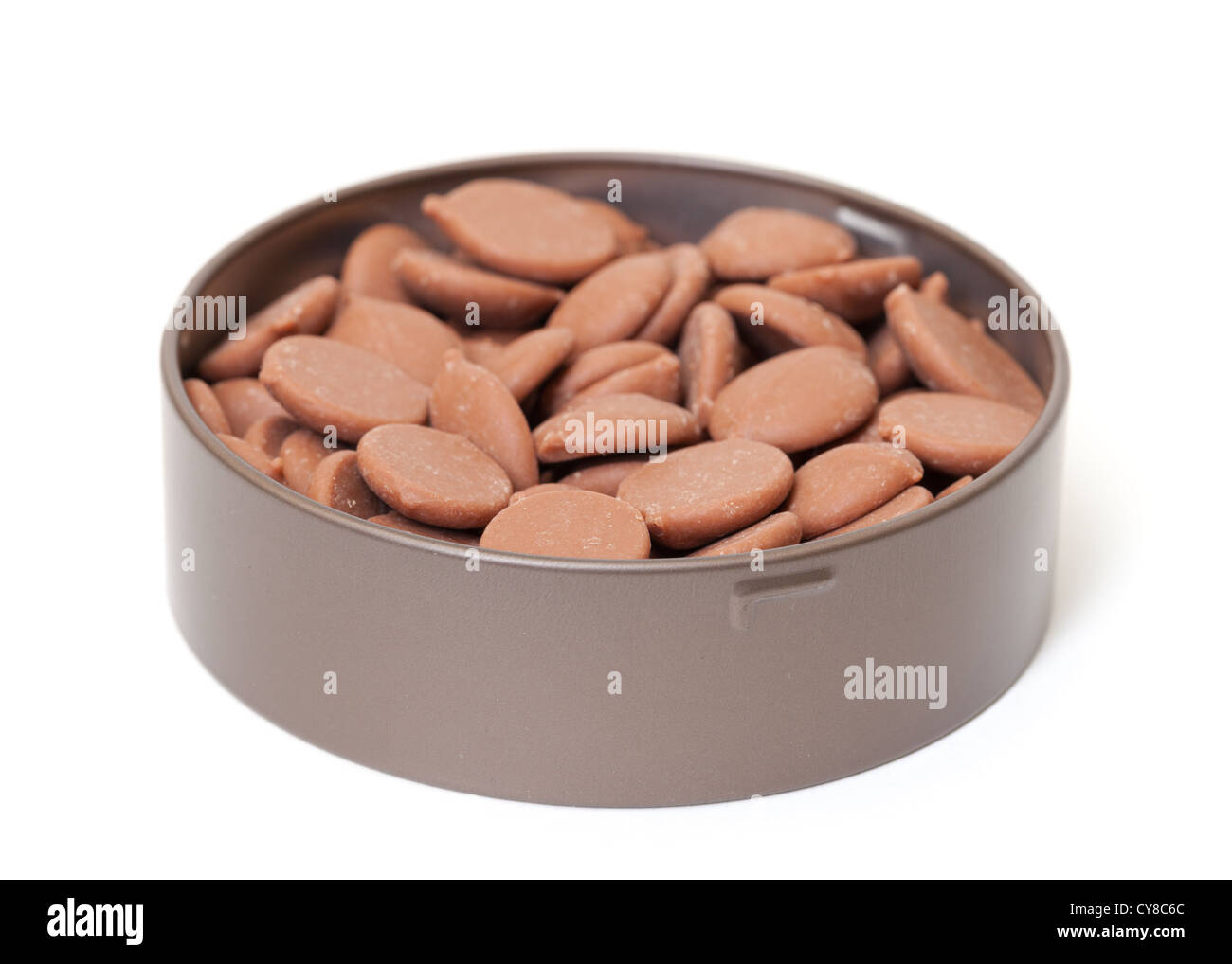 Chocolate Candies in tin can, on white background Stock Photo - Alamy