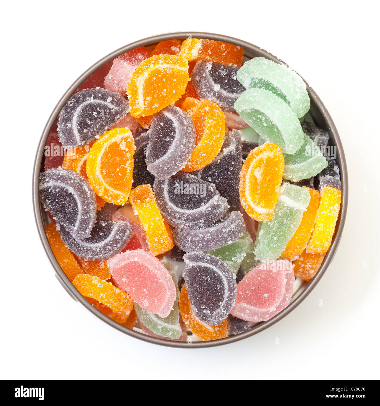 Colorful Jelly Candies in tin can, on white background Stock Photo - Alamy