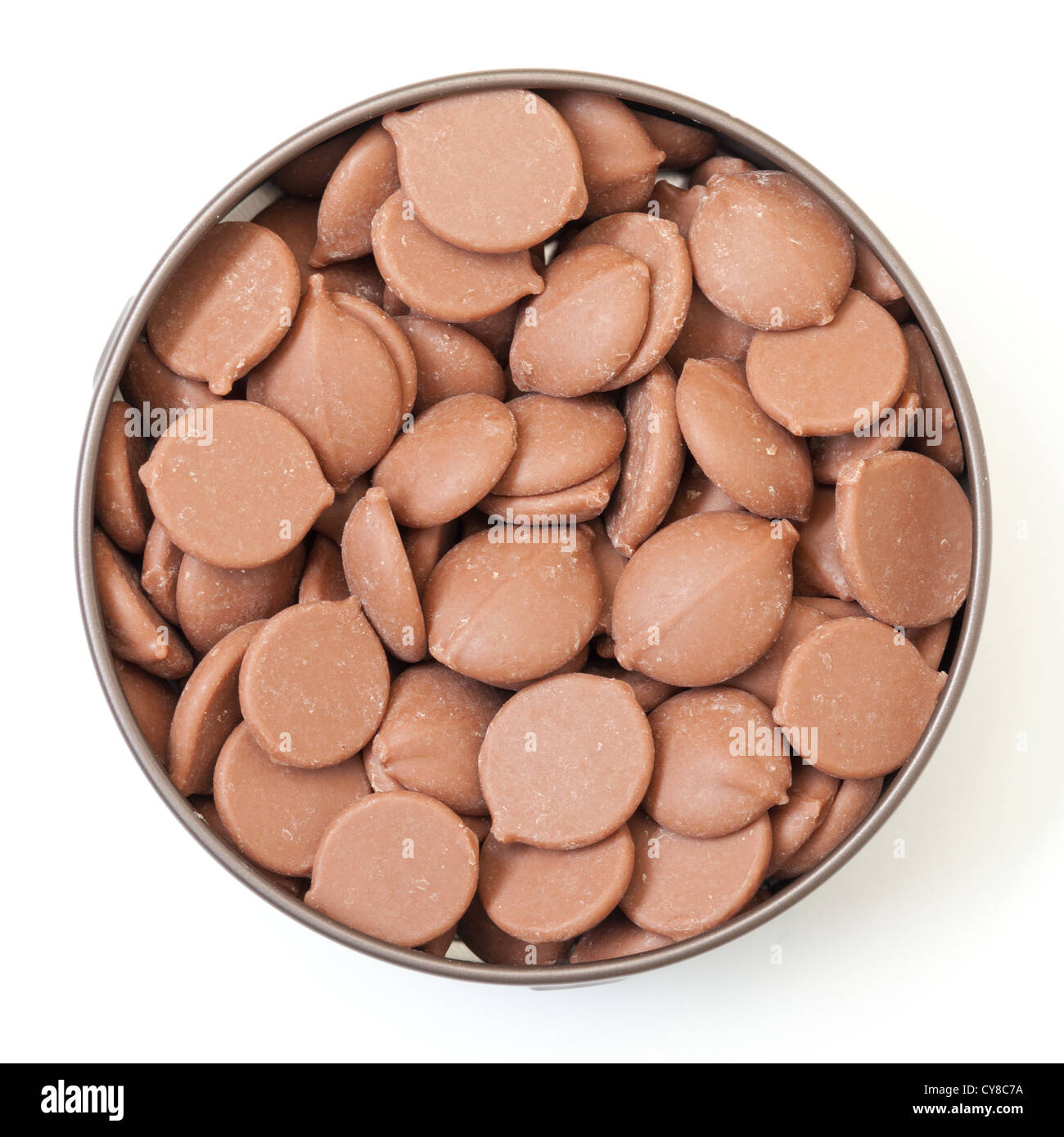 Chocolate Candies in tin can, on white background Stock Photo - Alamy