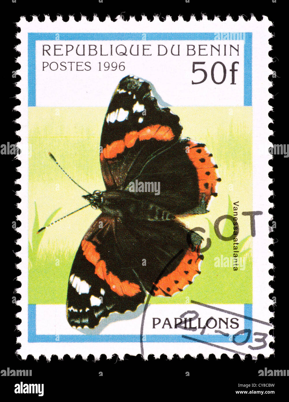 Postage stamp from Benin depicting a red admiral butterfly (Vanassa ...
