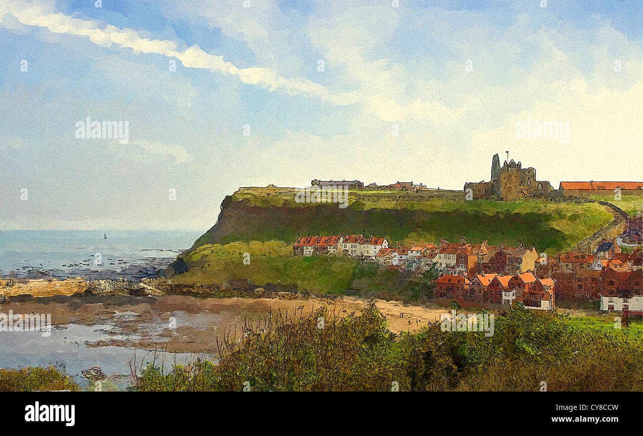 Whitby bay with abbey, illustration Stock Photo - Alamy