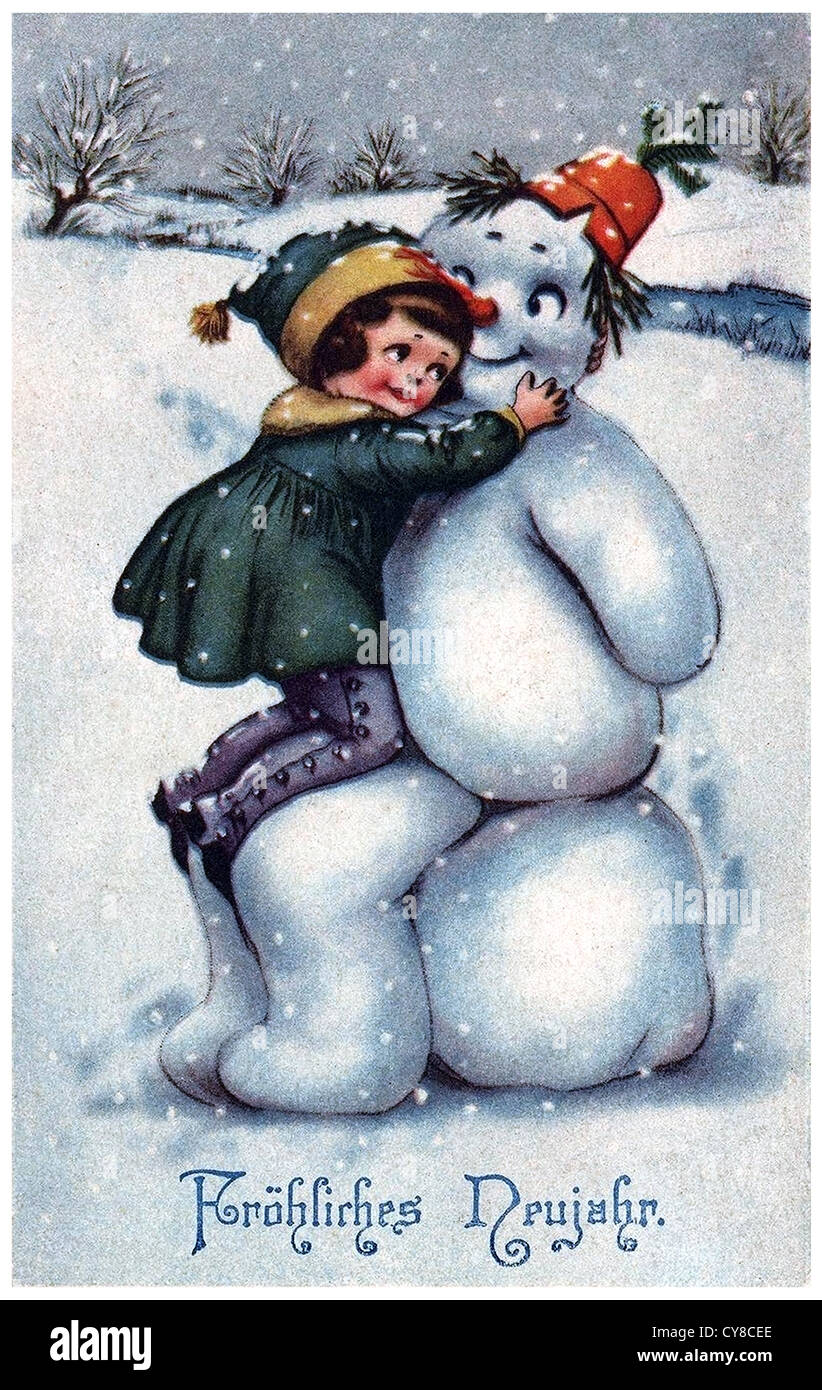 Girl hugging snowman Stock Photo - Alamy