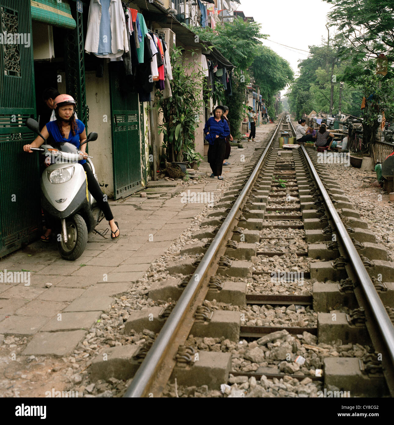 Life beside the train tracks in Old City of Hanoi in Vietnam in Far ...