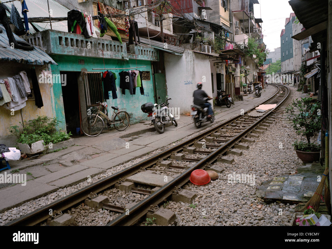 Life beside the train tracks in Old City of Hanoi in Vietnam in Far ...
