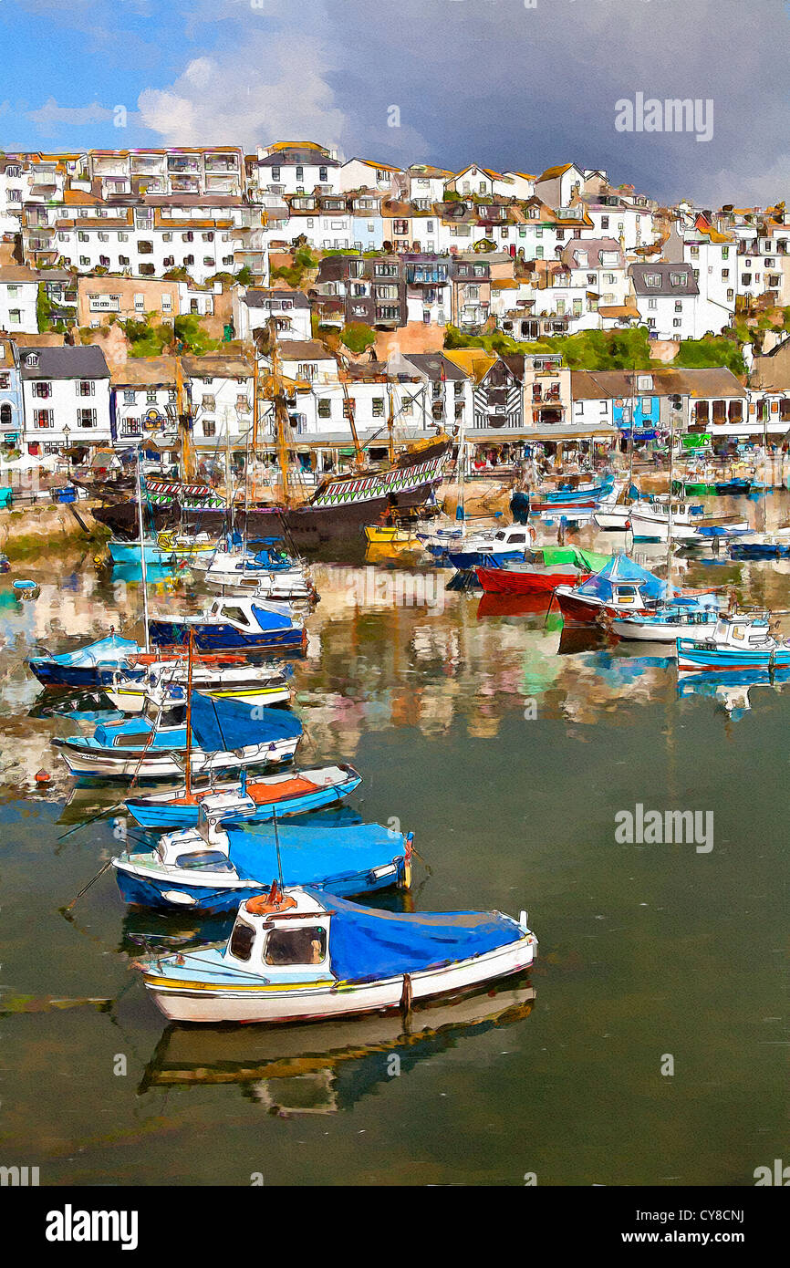 Brixham harbour devon uk illustration hi-res stock photography and ...