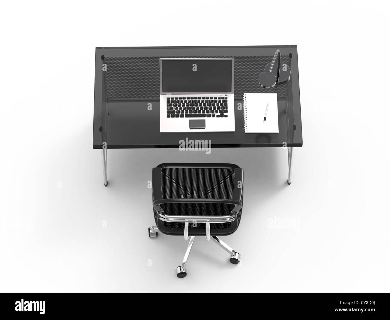 Office desk with computer, notebook, light and pen on white background ...
