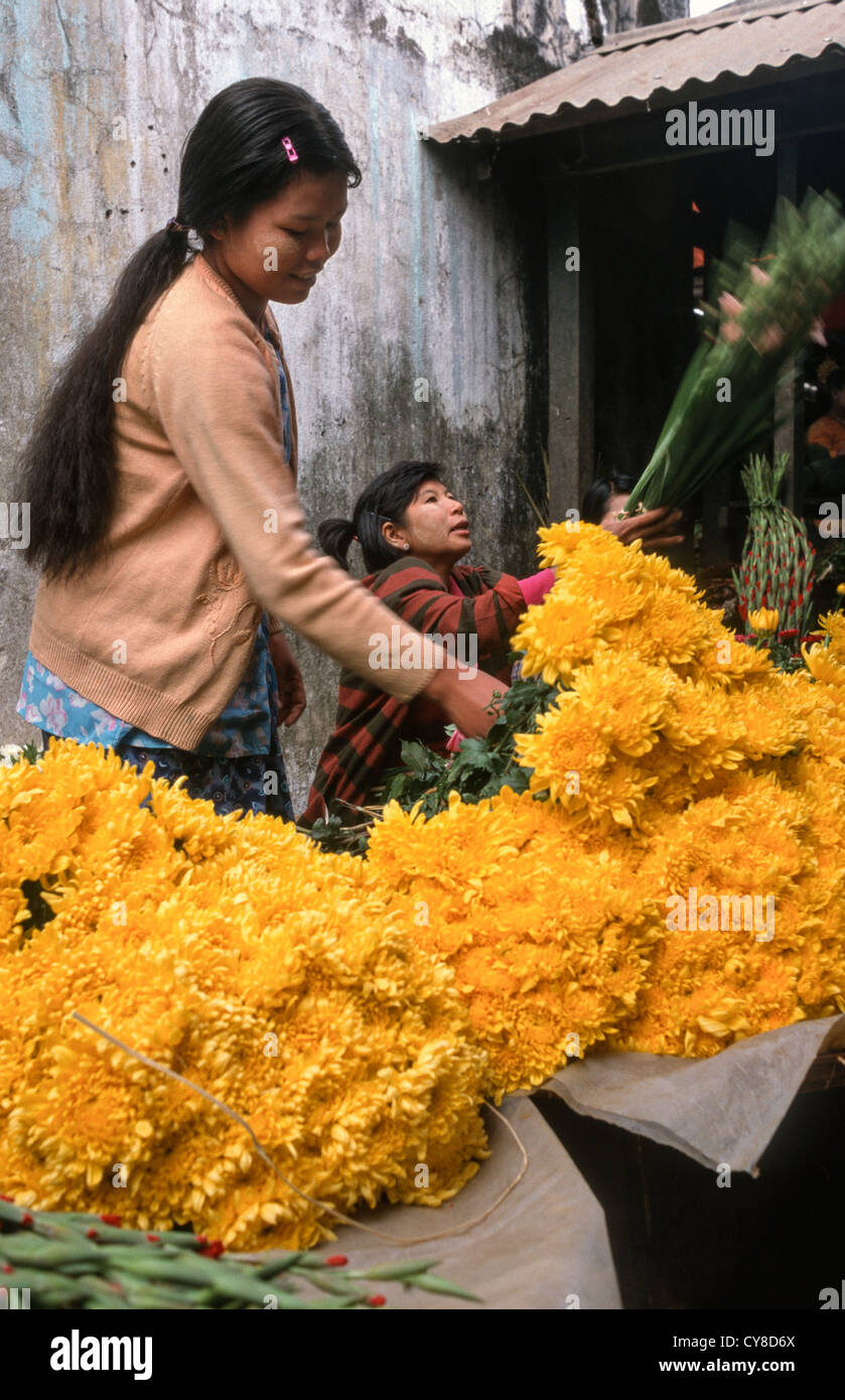 Myanmar, Burma, Pyay, Prome, Burmese women selling flowers Stock Photo ...