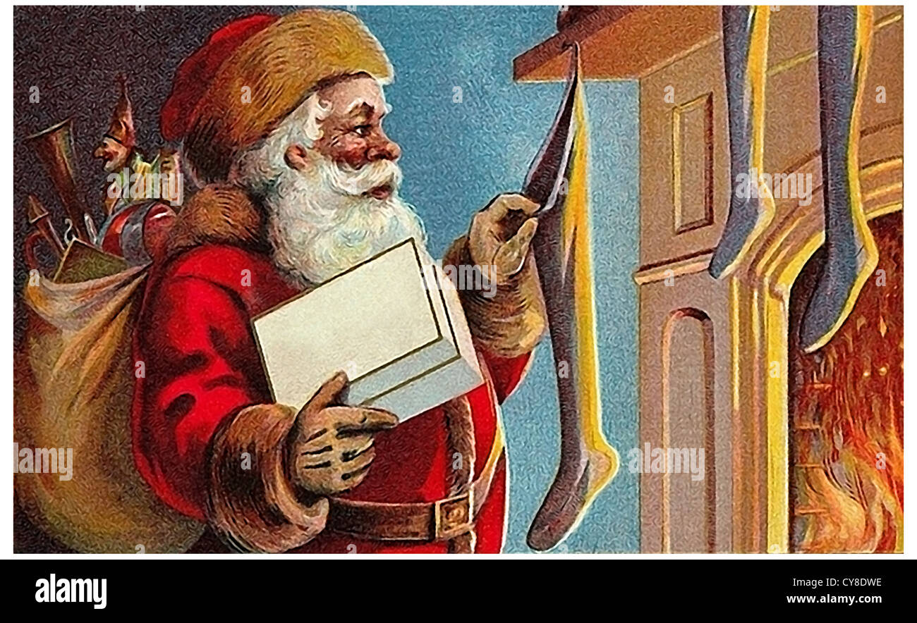 Santa Claus looks in socks Stock Photo - Alamy