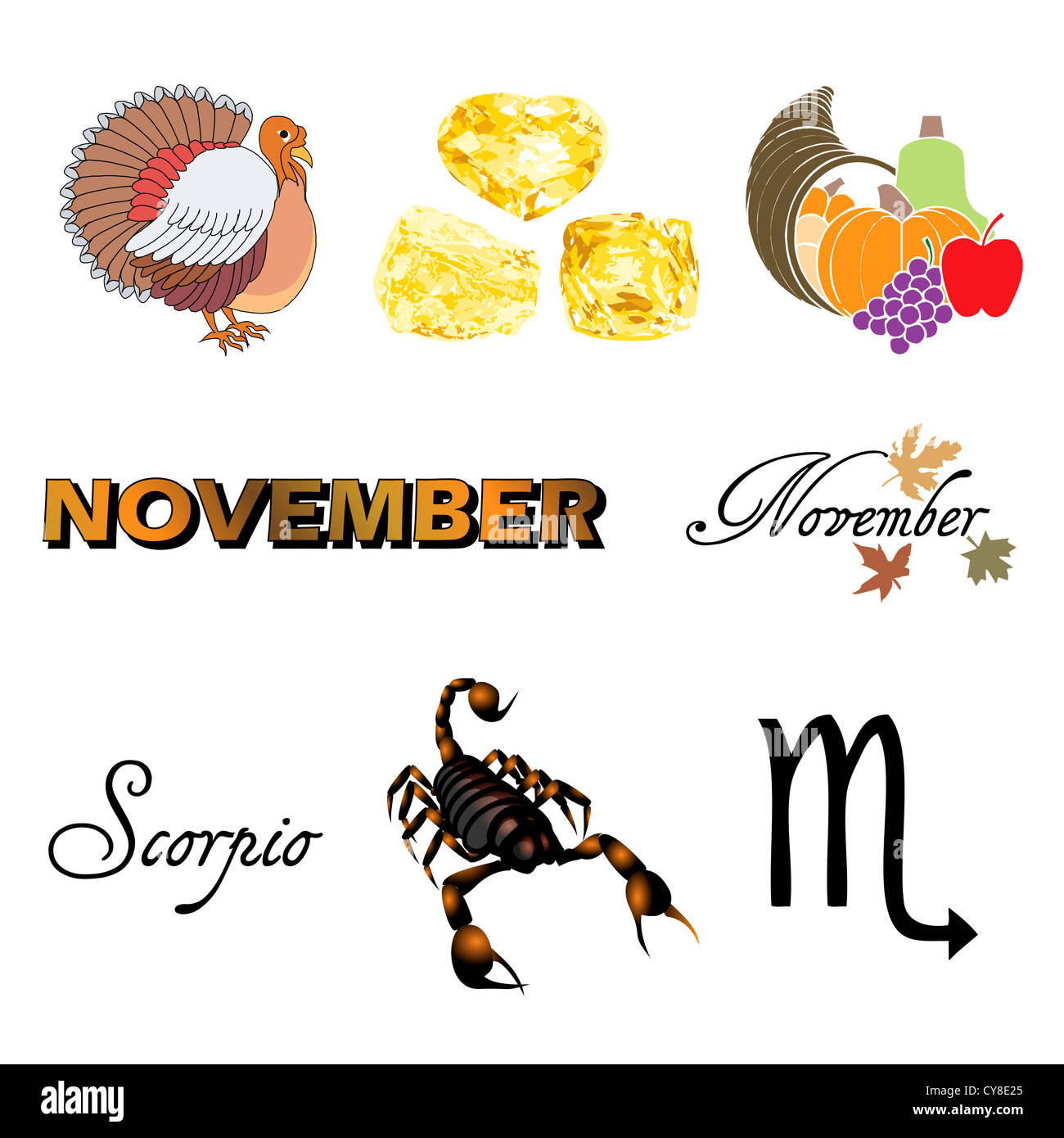 Illustration of eight November Icons including birthstones, holidays ...