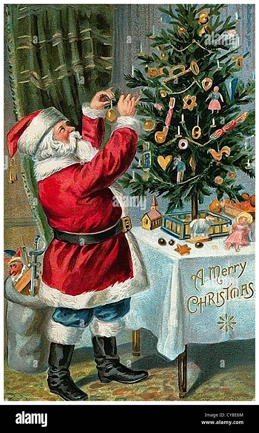 Santa Claus decorating Christmas tree Stock Photo - Alamy