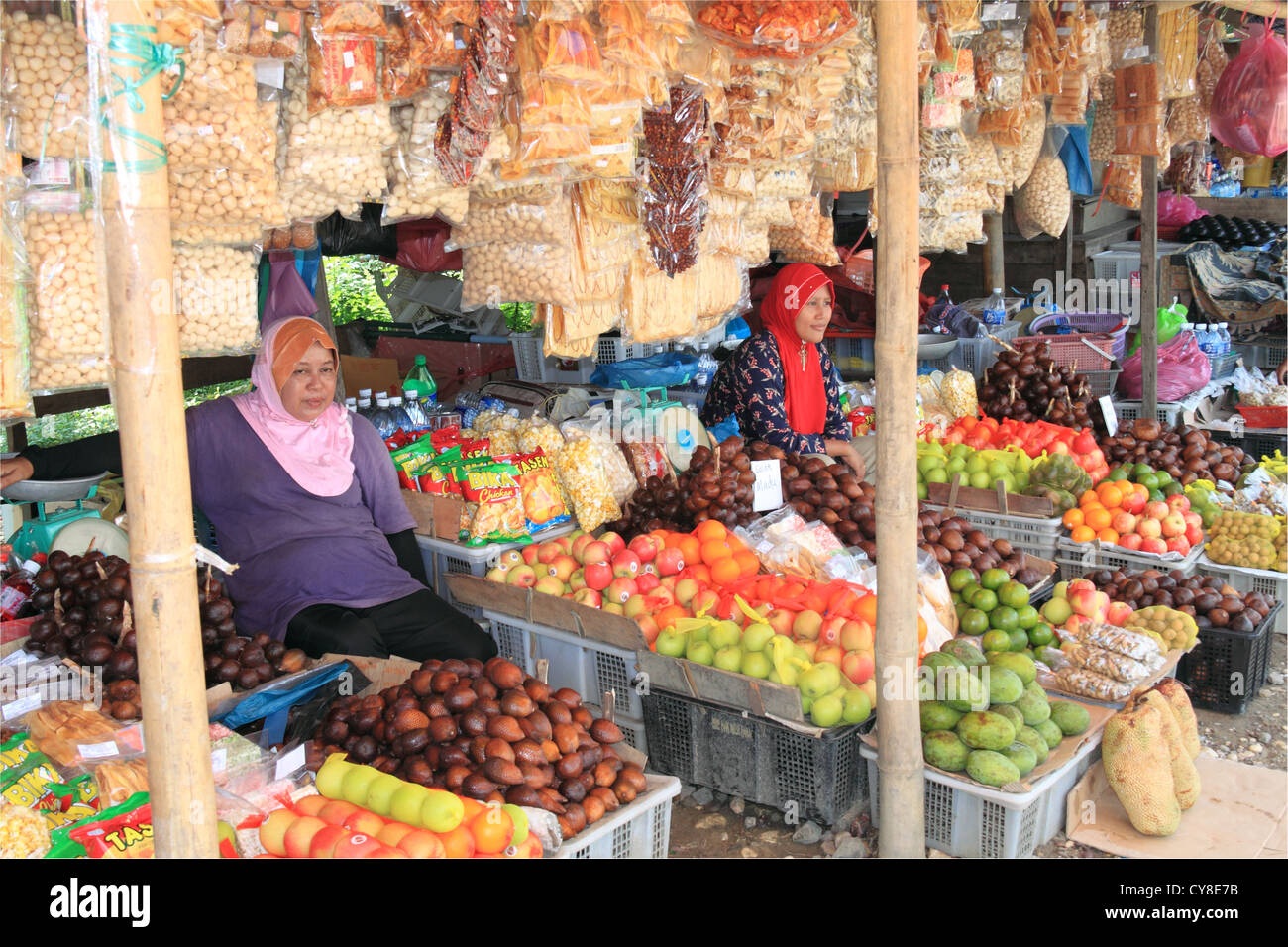 Local market on roadside between Sandakan and Telupid, Sabah, Borneo ...