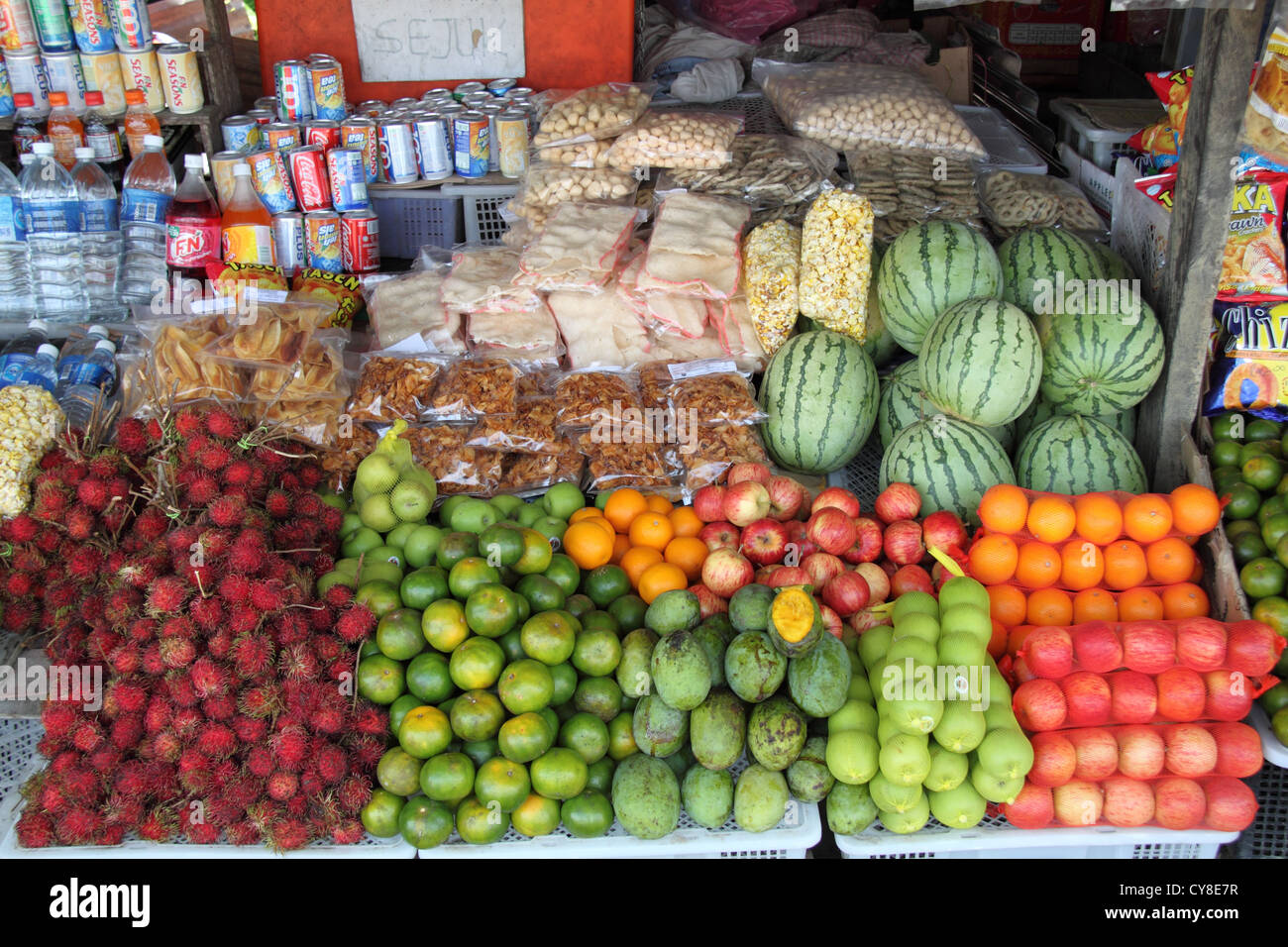 Local market on roadside between Sandakan and Telupid, Sabah, Borneo ...