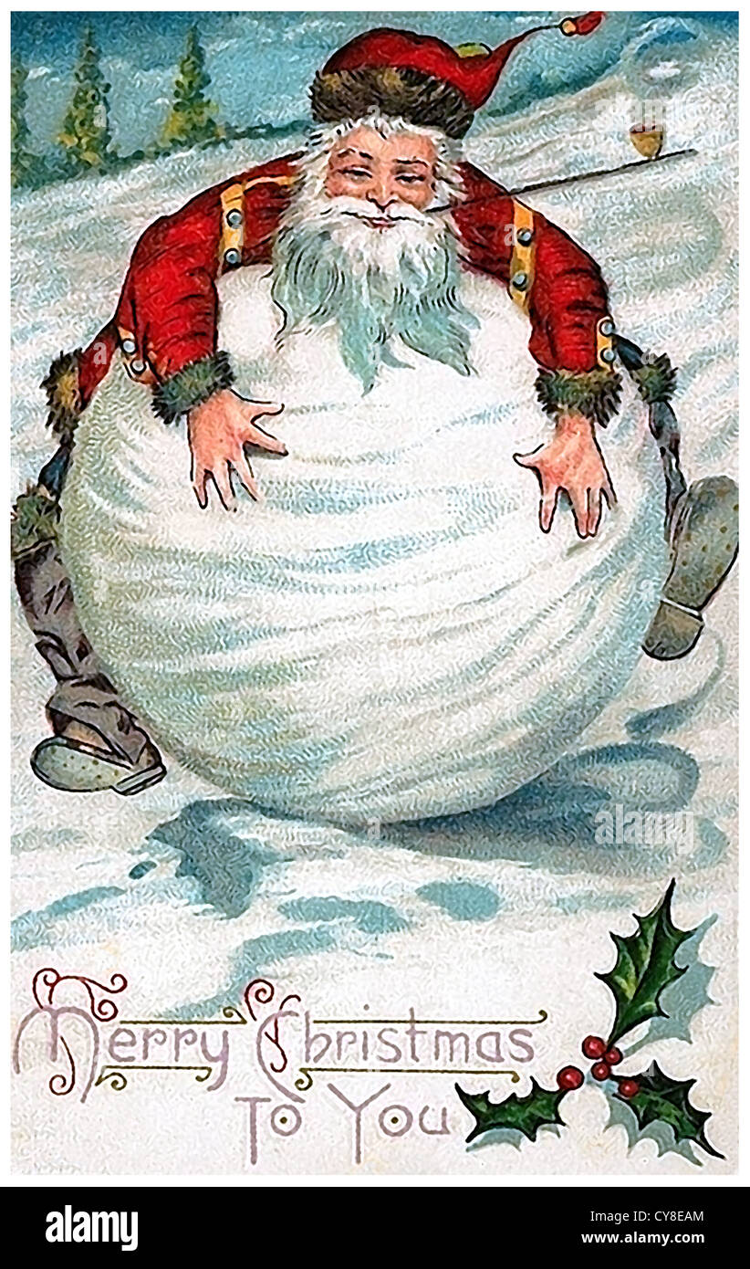 Santa Claus on a snow ball rolling down hill Stock Photo - Alamy