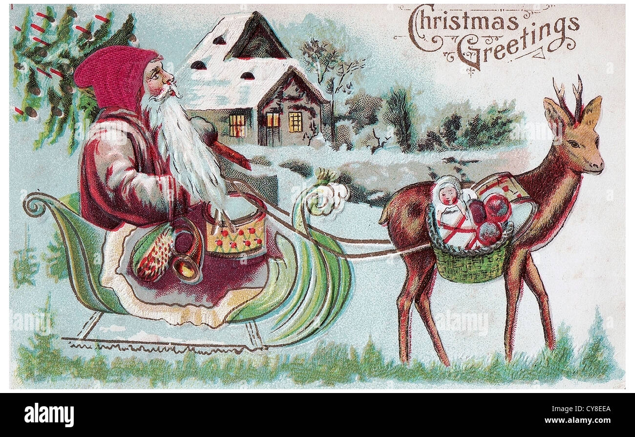Santa Claus with deer sled Stock Photo - Alamy