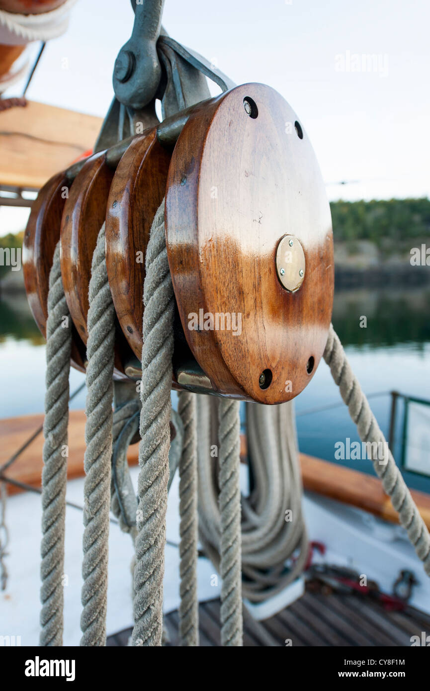 Block and tackle aboard the tall ship "Zodiac" sailing through the San ...