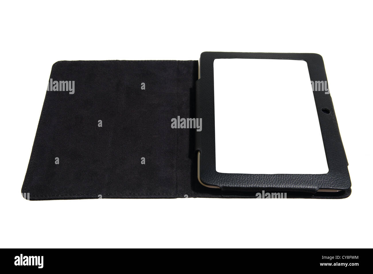 white tablet pc in black leather case with white empty screen isolated ...