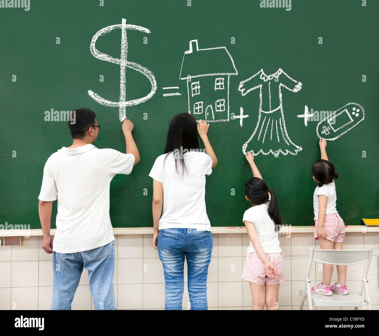 family drawing money house clothes and video game symbol on the ...