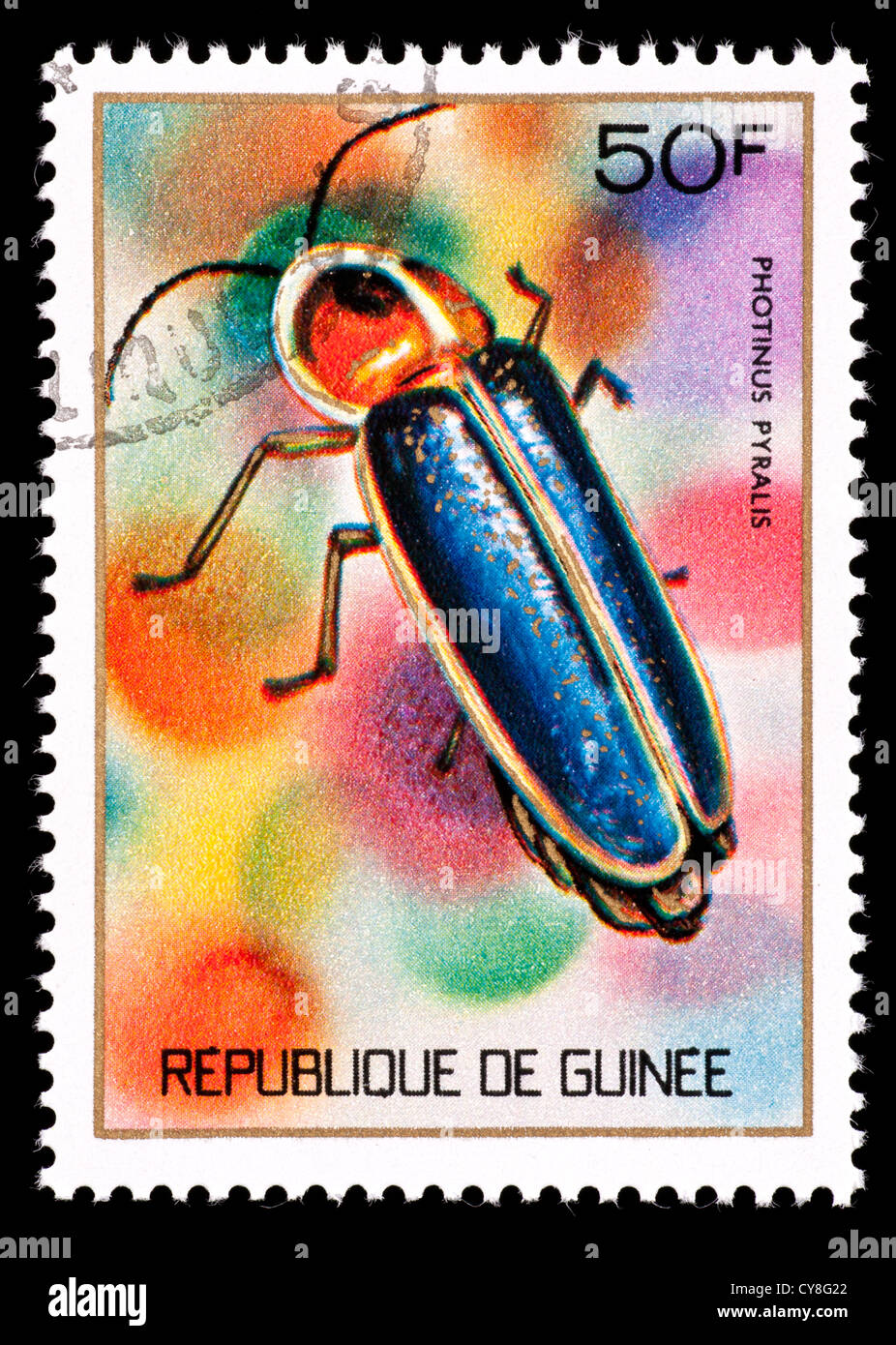 Postage stamp from Guinea depicting a lightning bug (Photinus pyralis ...
