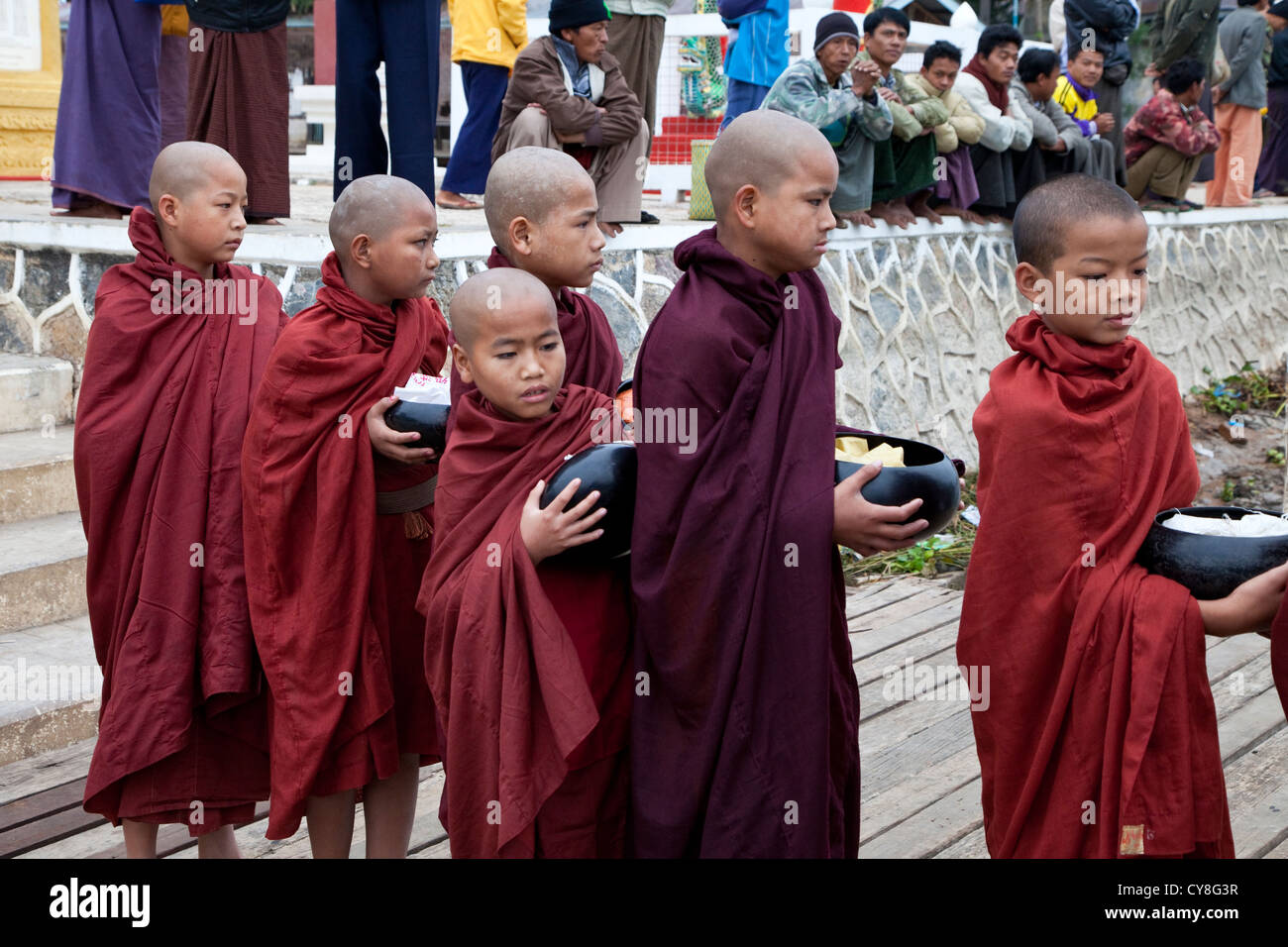 Myanmar, Burma. Young Buddhist Monks Boarding Boat to go to a Ceremony ...