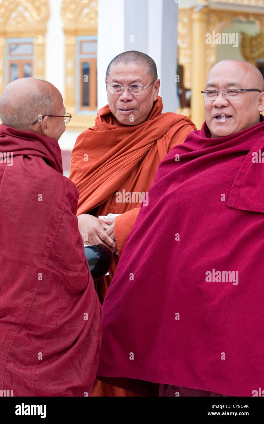 Myanmar, Burma. Three Burmese Buddhist Monks Talking, Alodaw Pauk ...