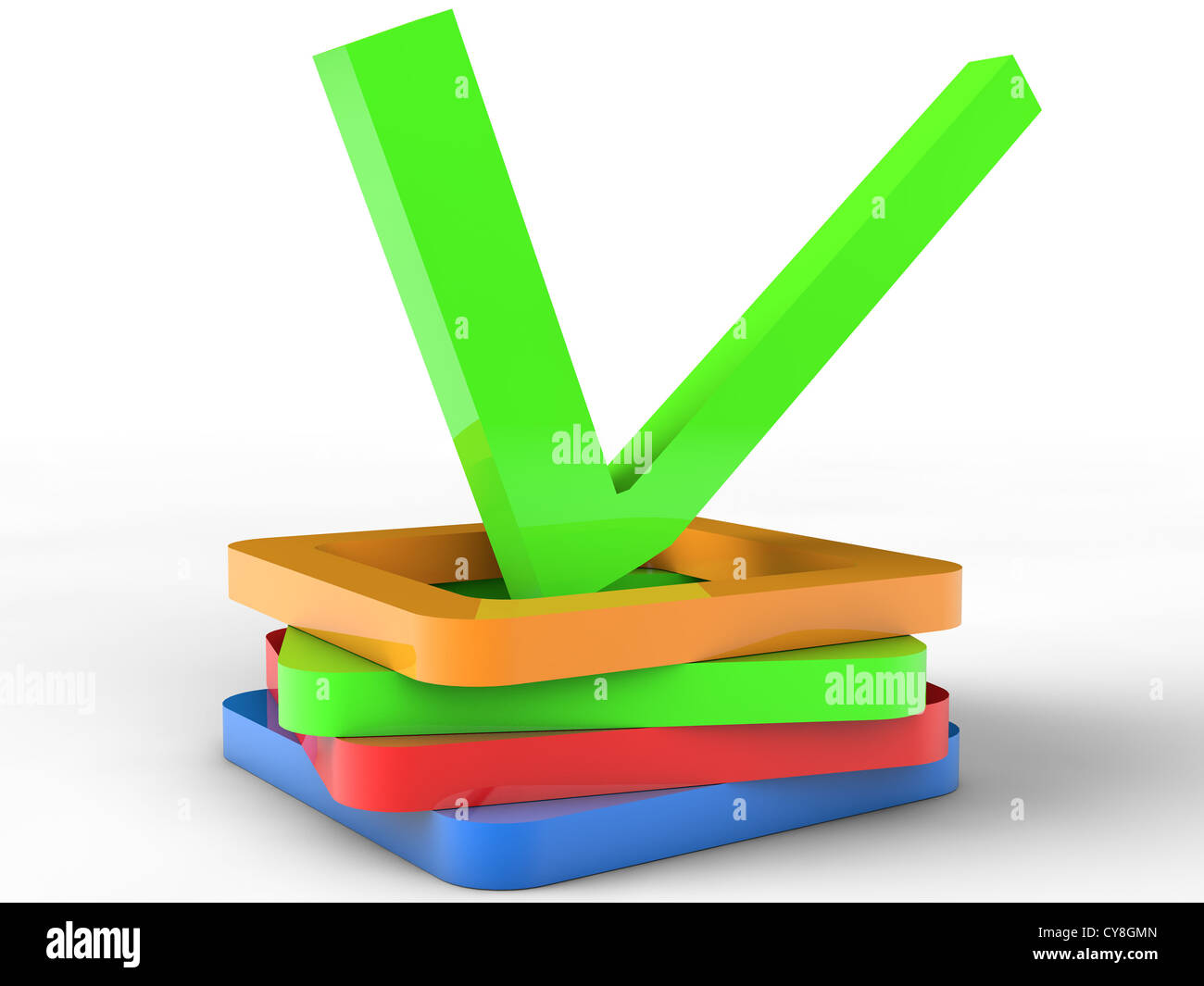 Yes done tick over multicolored squares Stock Photo - Alamy