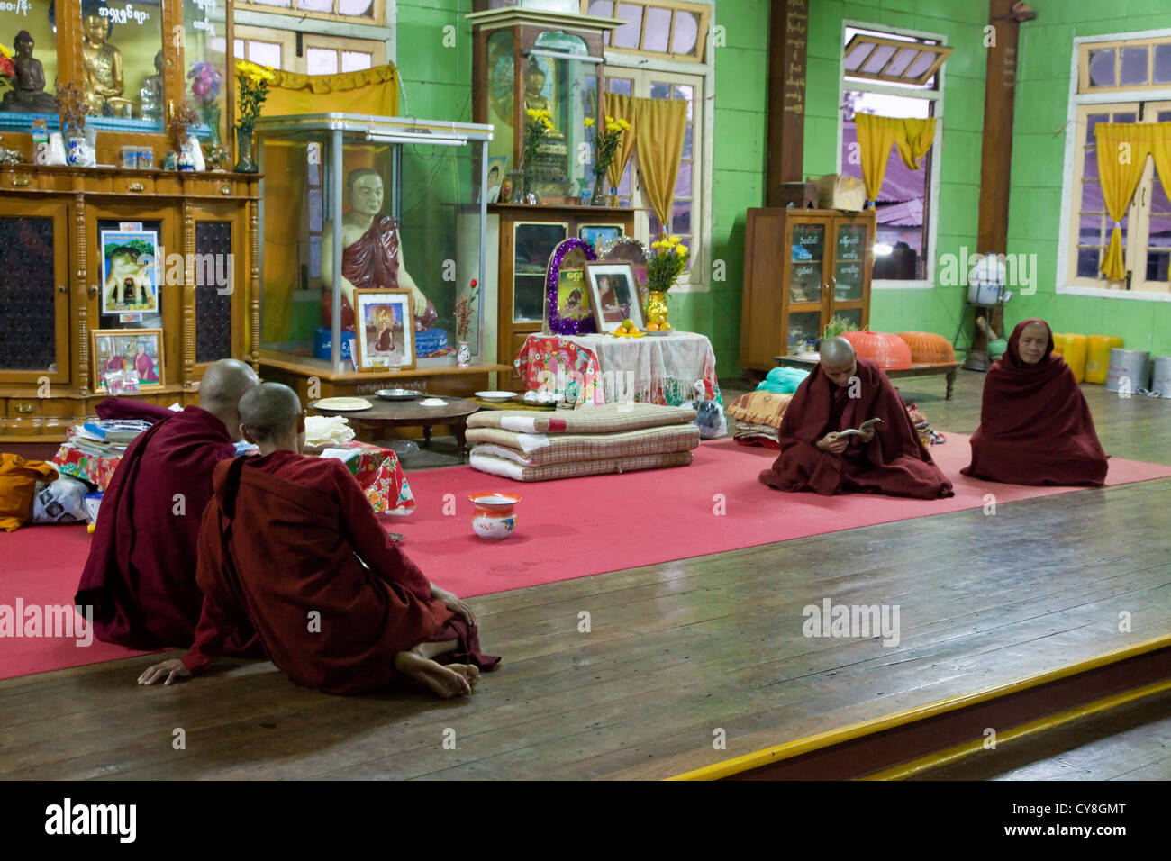 Myanmar, Burma. Buddhist Monks, Early Morning Reading, Alodaw Pauk ...
