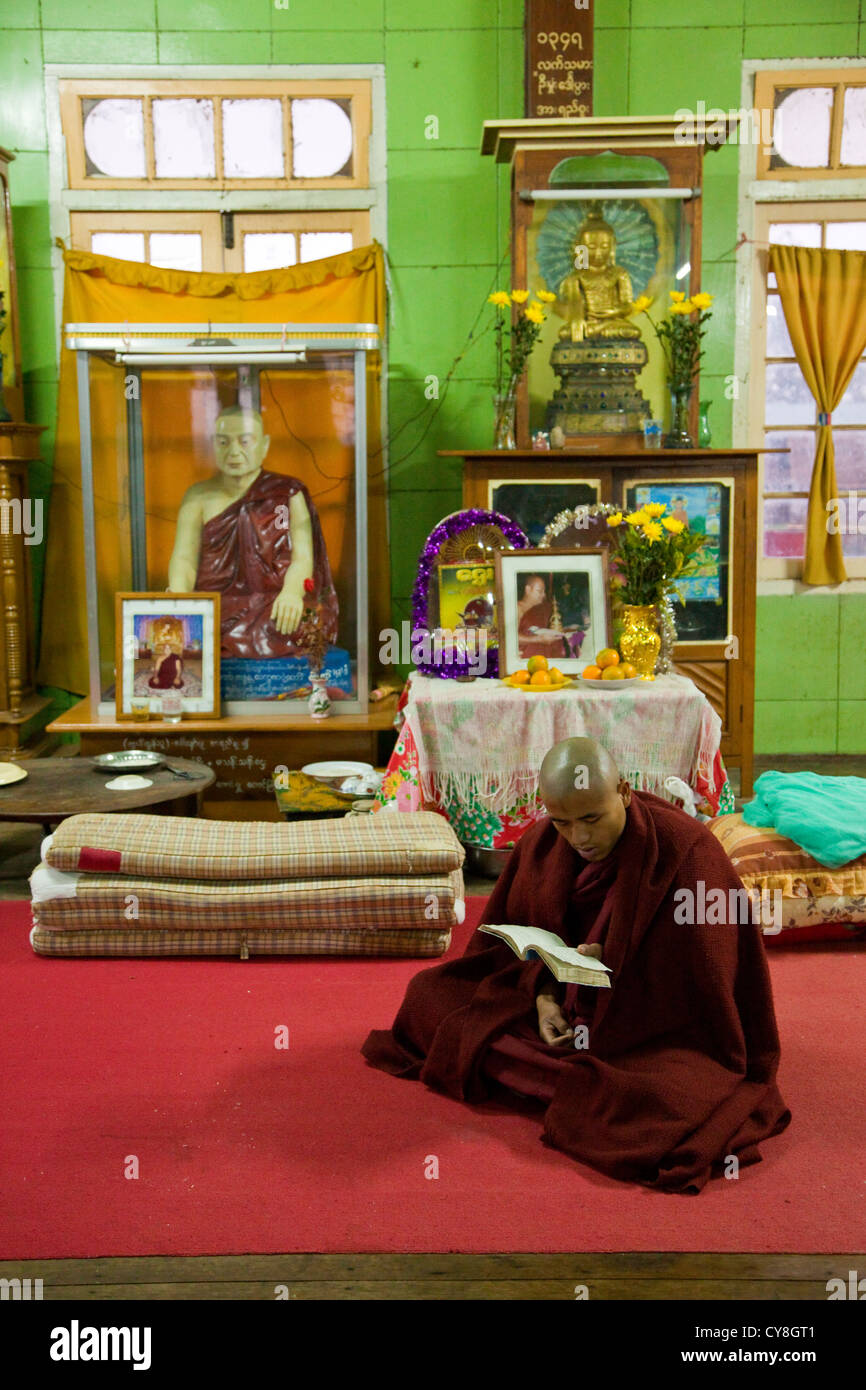 Myanmar, Burma. Buddhist Monk Reading, Alodaw Pauk Pagoda, Nampan ...