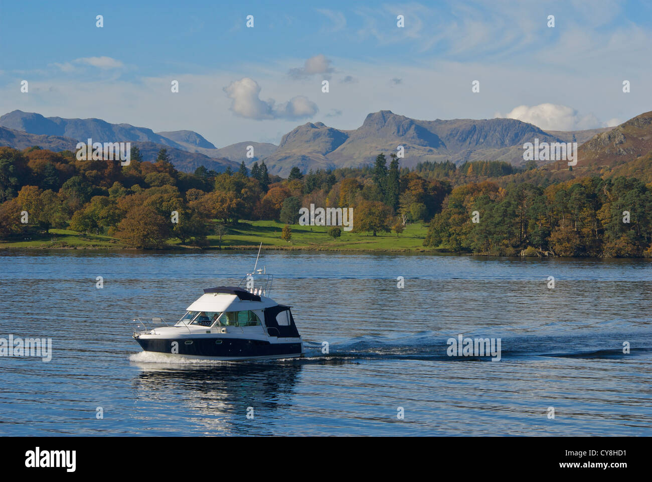 Cruiser on Lake Windermere, with Langdale Pikes in the background, Lake District National Park ...