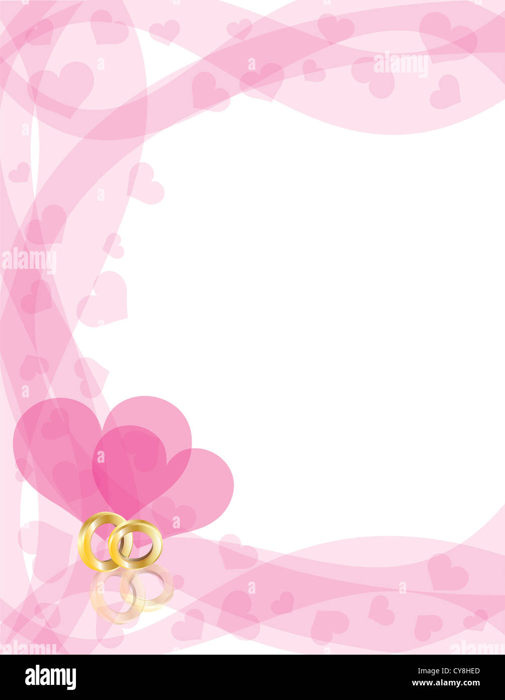 Wedding Rings Gold Band on Swirls Border with Flying Hearts Border ...