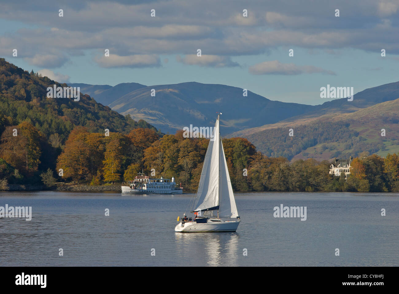 Yacht and steamer on Lake Windermere, Lake District National Park ...