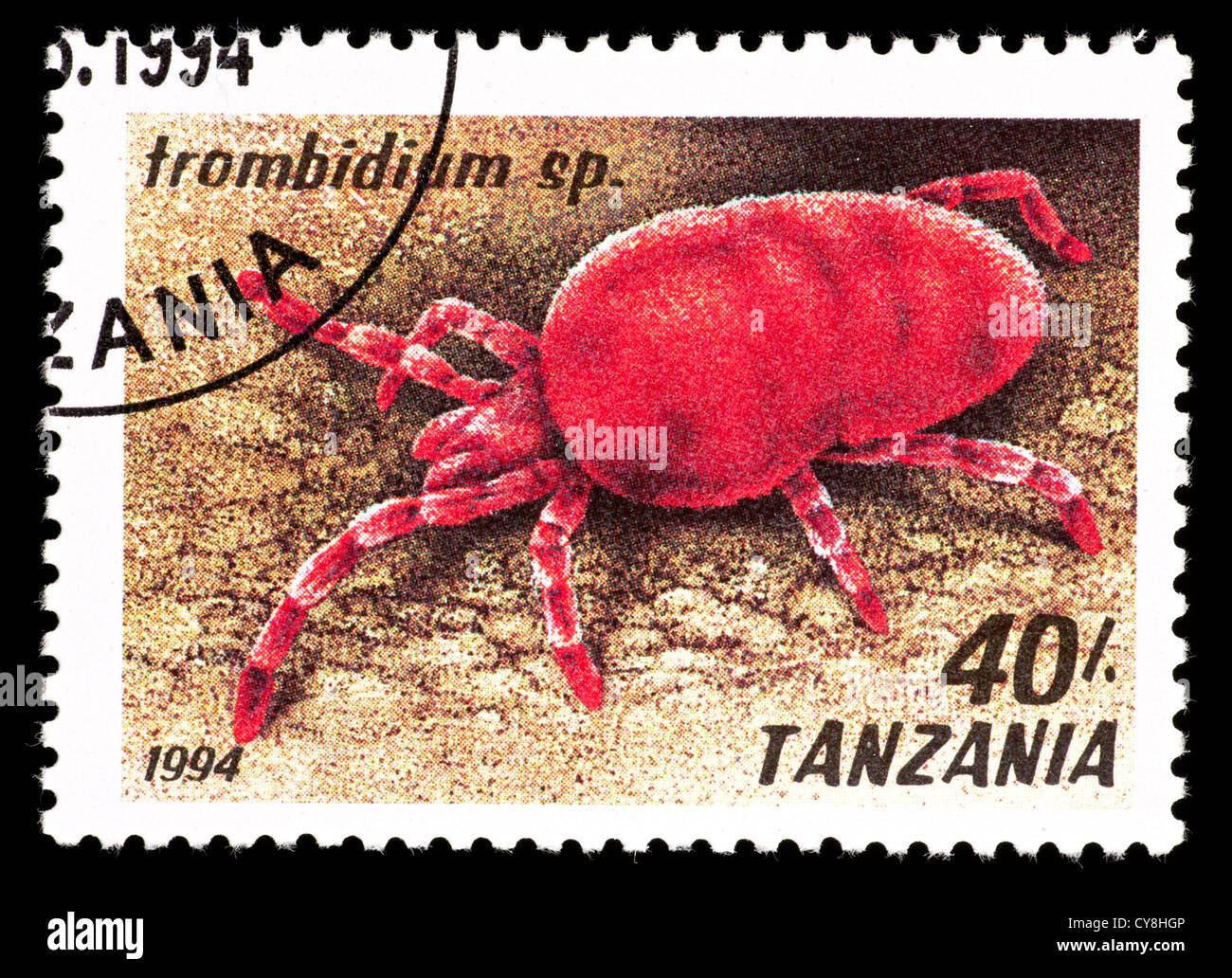 Postage stamp from Tanzania depicting a velvet mite (trombidium species ...