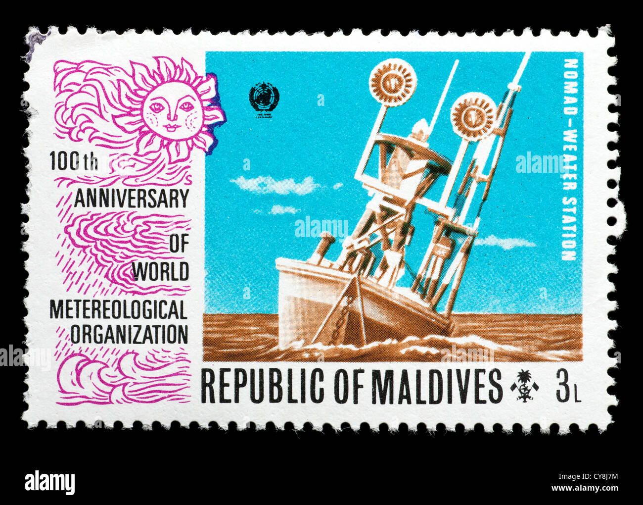 Postage stamp from the Maldive Islands depicting an ocean weather buoy ...