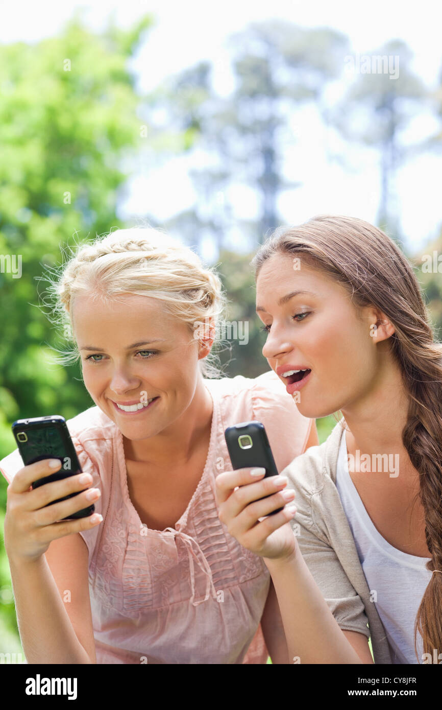 Friends in the park with their cellphones Stock Photo - Alamy
